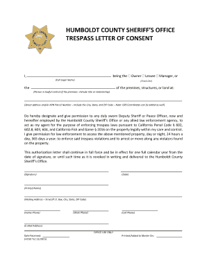 Fillable Online HUMBOLDT COUNTY SHERIFF'S OFFICE TRESPASS LETTER OF ...