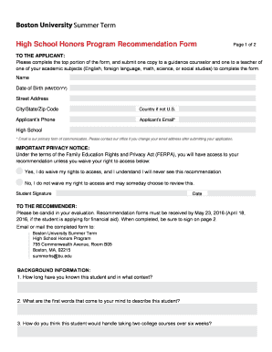 Fillable Online bu Boston University Summer Term High School Honors Program ... Fax Email Print ...