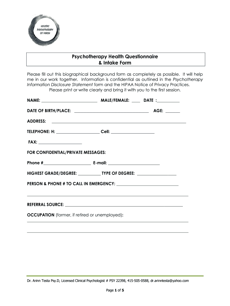 Fillable Online Psychotherapy Health Questionnaire Fax Email Print ...
