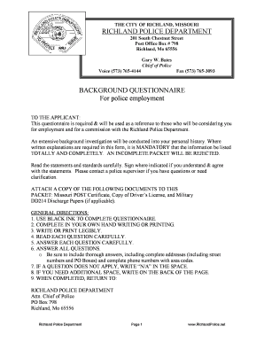 Fillable Online richlandpolice BACKGROUND QUESTIONNAIRE For police ...