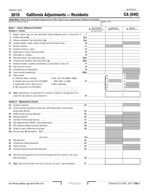 Fillable Online 2010 Schedule CA (540) -- California Adjustments ...