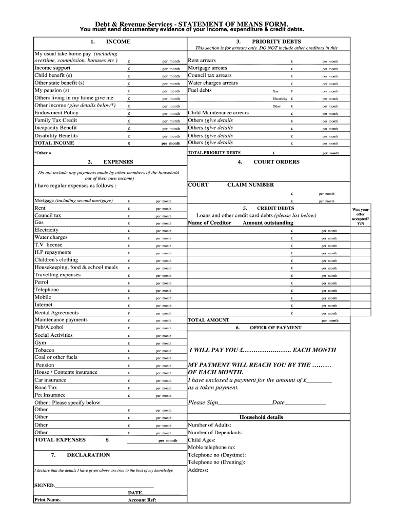 Statement of Means Form - Blank Fillable Template | Fill Out, Print ...