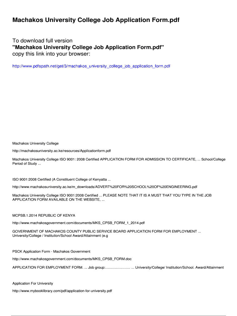 Fillable Online Machakos University College Job Application Form Fax
