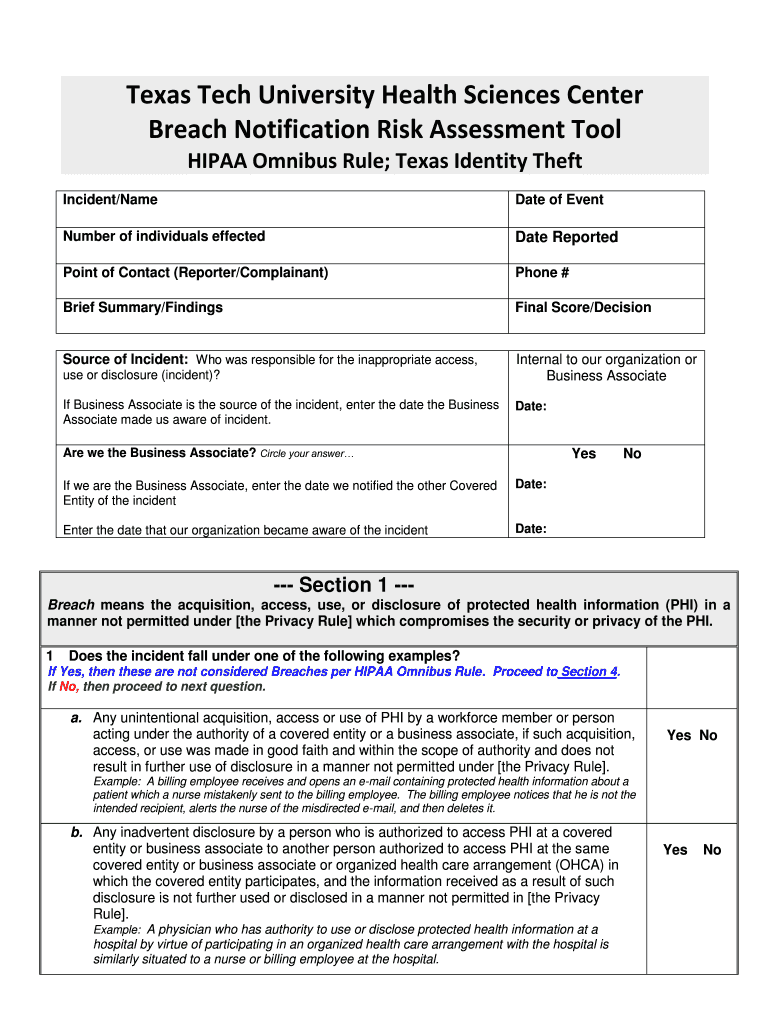 Fillable Online ttuhsc HITECH Act Breach Notification Risk Assessment ...