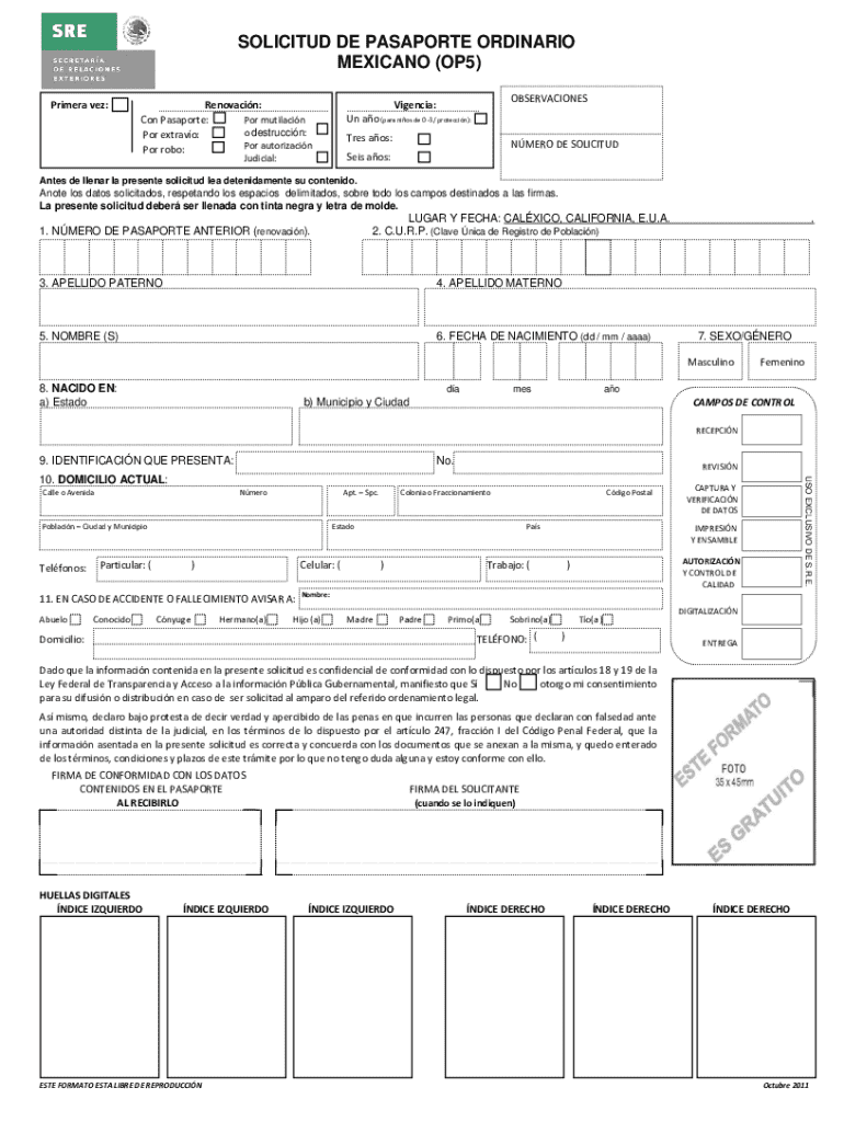 Fillable Online SOLICITUD DE PASAPORTE ORDINARIO MEXICANO (OP5) Fax Email Print - pdfFiller