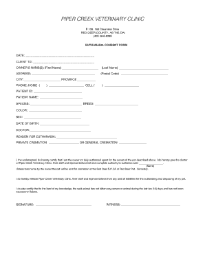 Fillable Online Euthanasia Consent Form - Piper Creek Veterinary Clinic ...