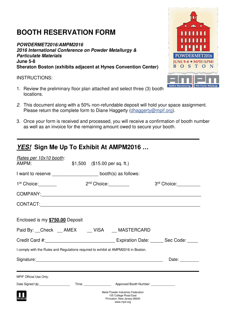 Fillable Online mpif BOOTH RESERVATION FORM - Metal Powder Industries ...
