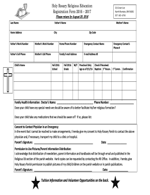Fillable Online Holy Rosary Religious Education Registration Form 2016 ...