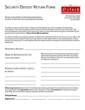 Fillable Online Security DepoSit return Form - oxrealty.com Fax Email Print - pdfFiller