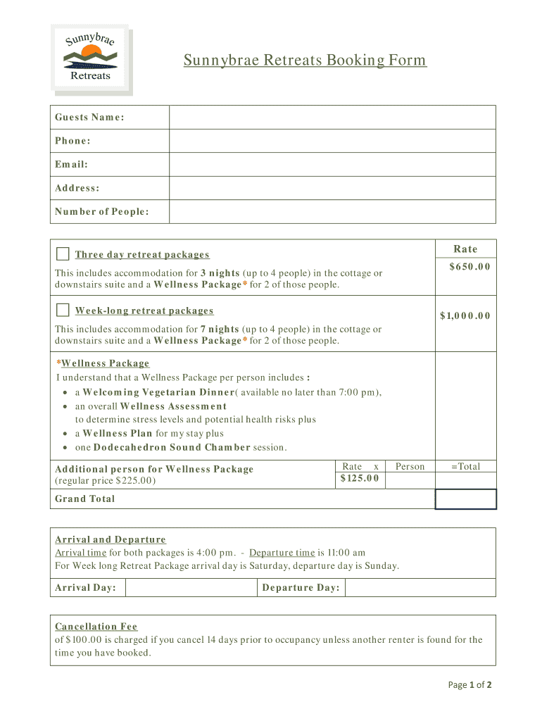 Fillable Online shuswap-cottage-rental Sunnybrae Retreats Booking Form ...