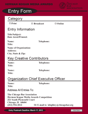 Fillable Online chicagobar HERMAN KOGAN MEDIA AWARDS Entry Form ...