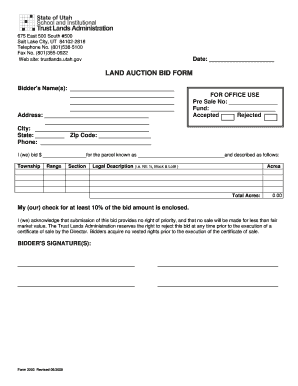 Fillable Online trustlands utah land auction bid form - Trust Lands ...