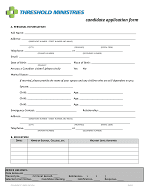 Fillable Online thresholdministries Candidate Application Form ...
