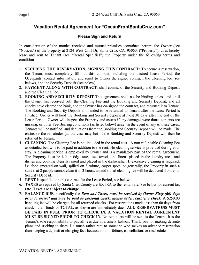 Fillable Online Vacation Rental Agreement for OceanFrontSantaCruz.com ...