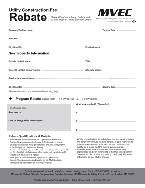 Fillable Online Utility Construction Fee Rebate - mvec.net Fax Email ...