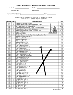 Fillable Online York C.I. Art and Crafts Supplies Commissary Order Form ...