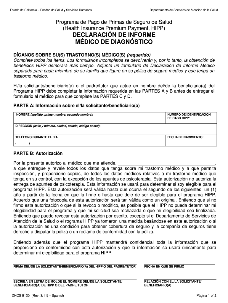 Fillable Online dhcs ca DHCS 9120SP. Statement of Diagnosis Fax Email ...