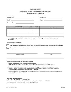Fillable Online registrar duke DUKE UNIVERSITY PETITION TO CHANGE FINAL ...