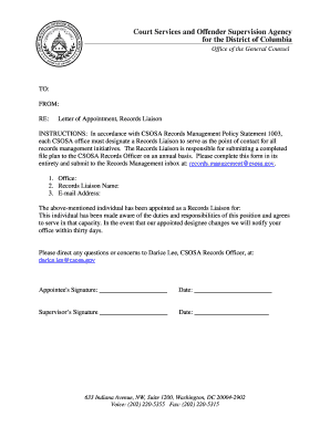 Fillable Online csosa Letter of Appointment, Records Liaison. Letter of ...