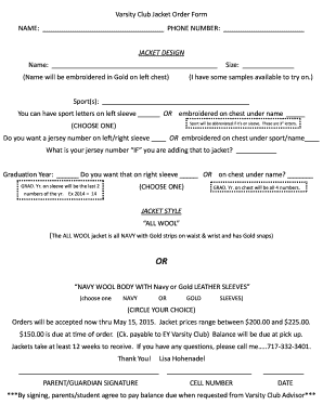 Fillable Online Varsity Club Jacket Order Form NAME: PHONE NUMBER ...