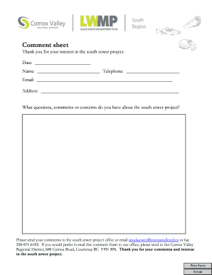 Fillable Online 20160321 SSP comment sheet south sewer project Fax ...