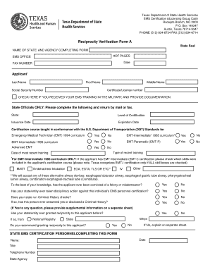 Fillable Online dshs texas Reciprocity Verification Form A - Texas ...