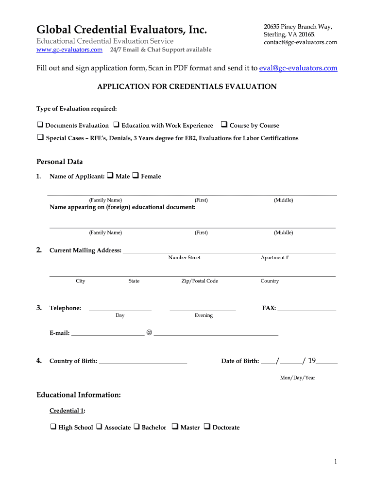 Fillable Online Global Credential Evaluators, Inc. 20635 Piney Branch Way, Fax Email Print ...