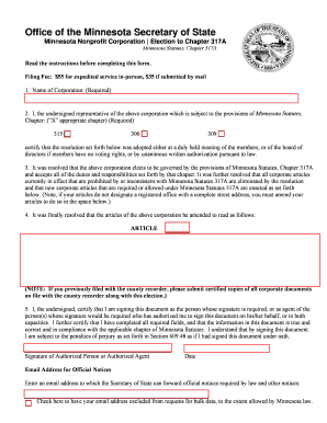 Fillable Online STATE OF MINNESOTA SECRETARY OF STATE ARTICLES OF ...