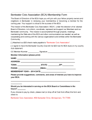 Fillable Online Bentwater Civic Association (BCA) Membership Form Fax ...