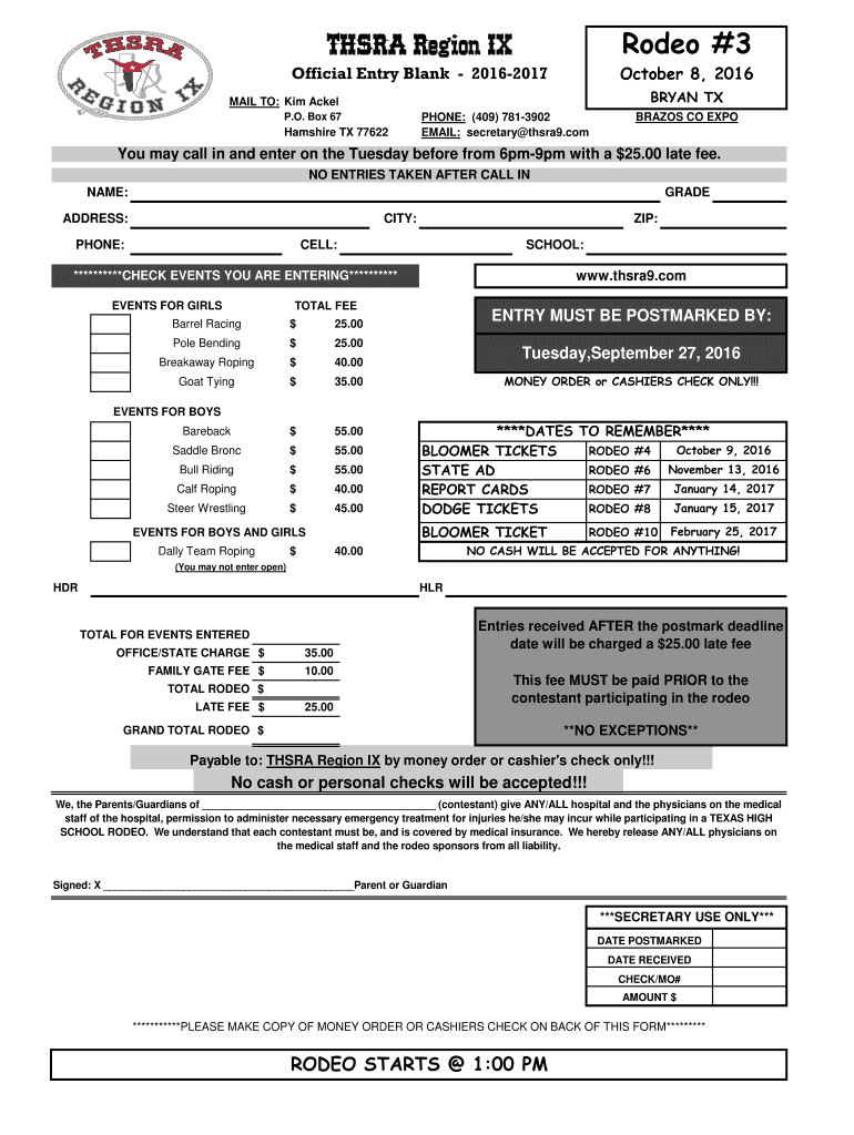 Fillable Online Rodeo 3 Entry Blank - thsra9 Fax Email Print - pdfFiller