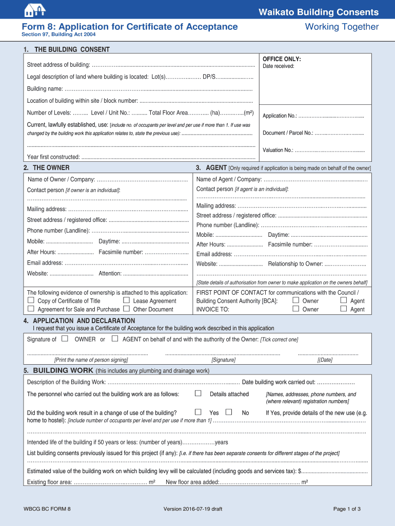 Fillable Online buildwaikato co Form 8: Application for Certificate of ...