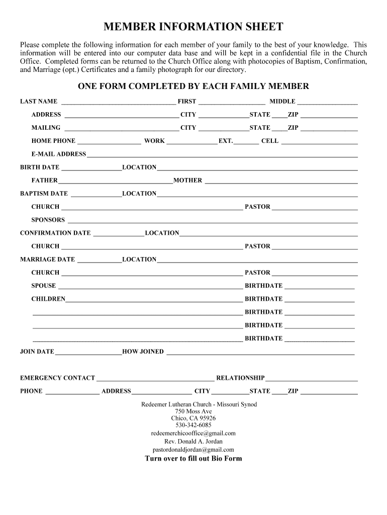Fillable Online redeemerchico member information sheet - Redeemer ...
