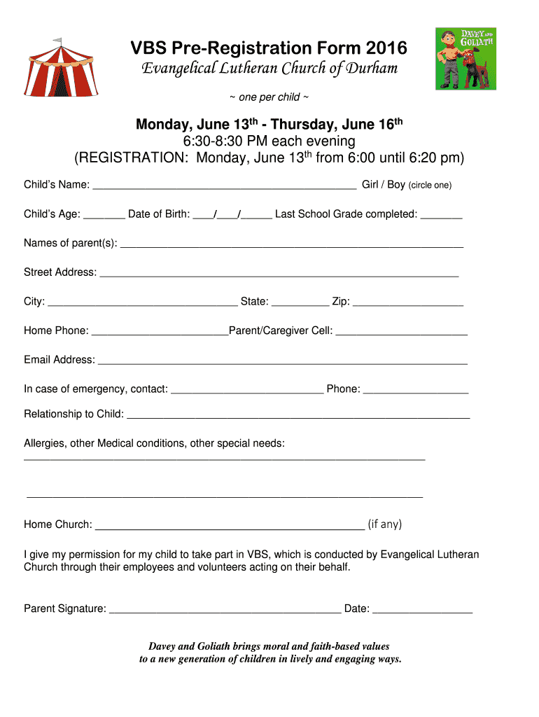 Fillable Online durhamlutheran VBS Pre-Registration Form 2016 ...