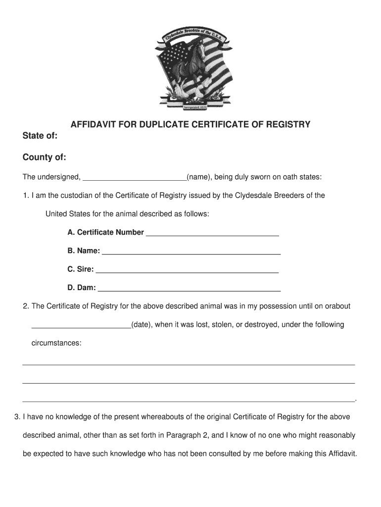Fillable Online AFFIDAVIT FOR DUPLICATE CERTIFICATE OF REGISTRY State of ... Fax Email Print ...