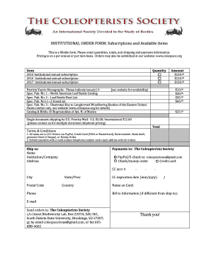Fillable Online INSTITUTIONAL ORDER FORM - The Coleopterists Society Fax Email Print - pdfFiller