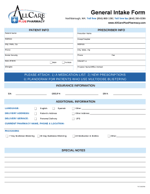 Fillable Online General Intake Form - AllCare Plus Pharmacy Fax Email Print - pdfFiller