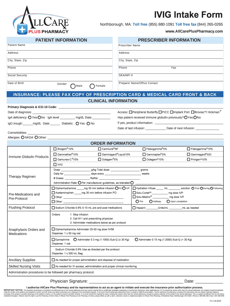 Fillable Online IVIG Intake Form Fax Email Print - pdfFiller