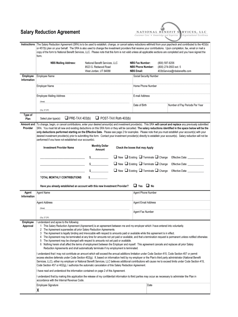 Fillable Online Instructions The Salary Reduction Agreement (SRA) is to ...