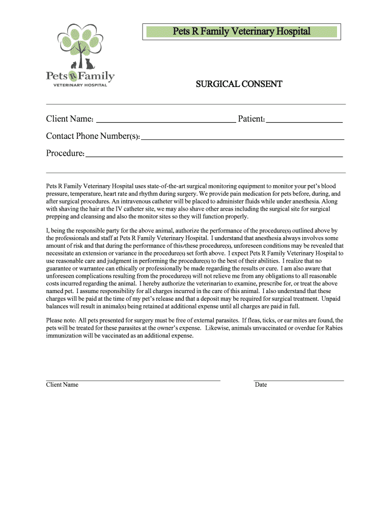 Fillable Online Surgical Consent Form - Pets R Family Veterinary ...