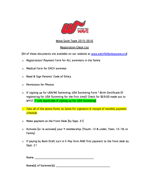 Fillable Online westfieldymcawave Wave Swim Team 2015-2016 Registration Check List - Westfield ...