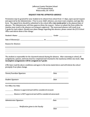 Fillable Online myjccs Pre-approved Absence Request Form - myjccs.org Fax Email Print - pdfFiller