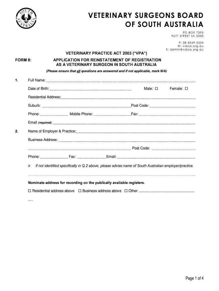 Fillable Online Form 8 Application for Reinstatement of Registration as ...