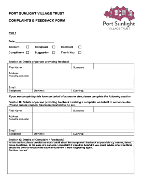 Fillable Online Complaints and Feedback Form - Port Sunlight Fax Email ...