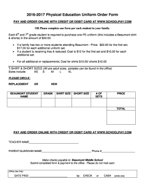 Fillable Online 2010-2011 Physical Education Uniform Order Form Fax ...