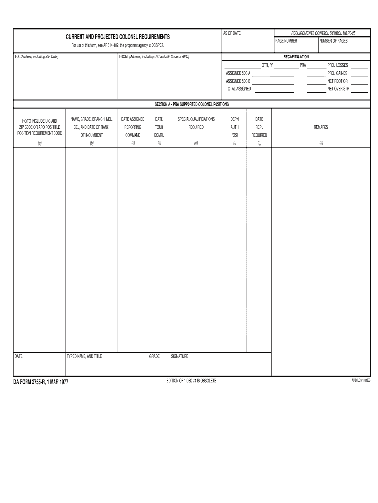 Fillable Online apd army CURRENT AND PROJECTED COLONEL REQUIREMENTS. DA ...