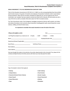 Fillable Online wbu Sexual Misconduct, Title IX & Discrimination Complaint Form 05/2015 Fax ...