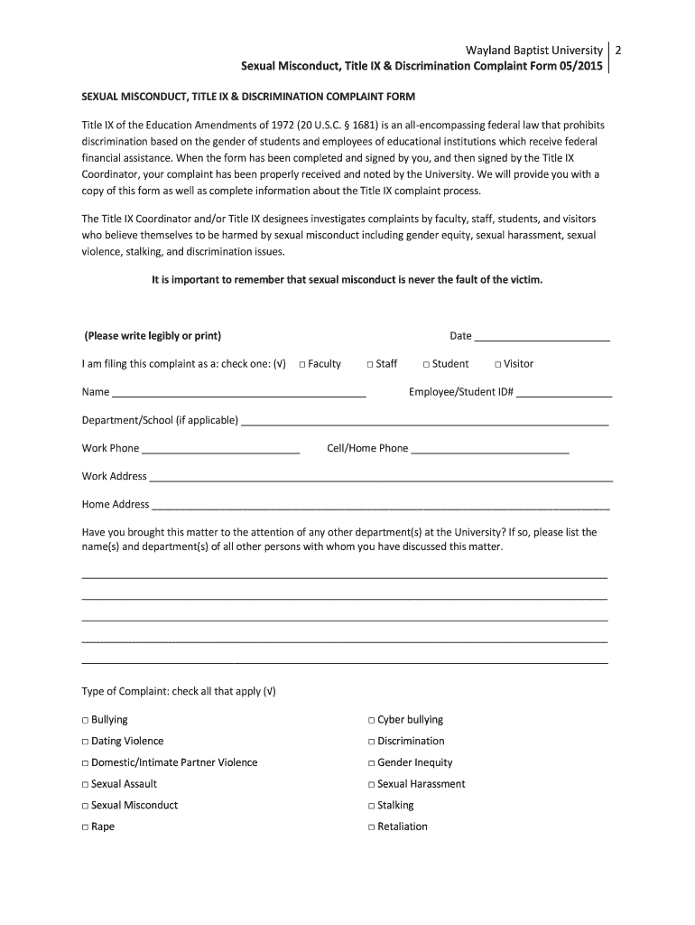 Fillable Online wbu Sexual Misconduct, Title IX & Discrimination Complaint Form 05/2015 Fax ...