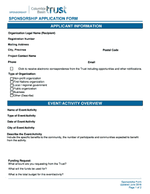 Fillable Online ourtrust SPONSORSHIP APPLICATION GUIDE AND FORM Fax ...