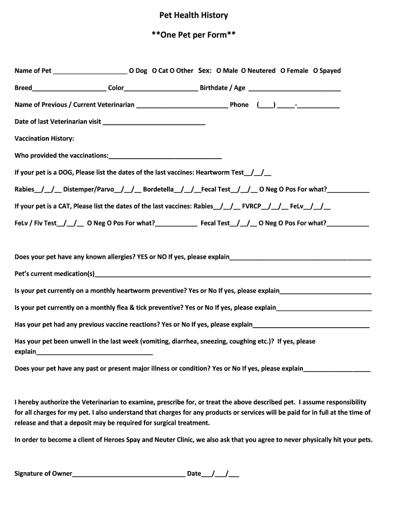 Fillable Online Pet Health History **One Pet per Form** Fax Email Print ...