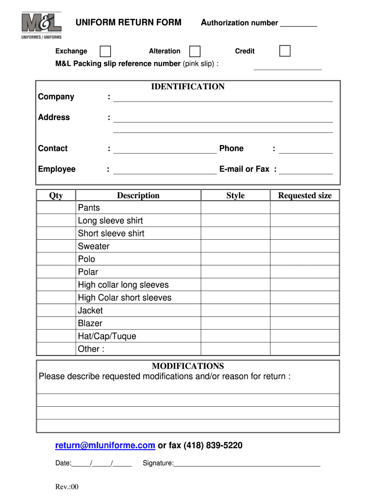Fillable Online Download the return form - M&L Uniforme Fax Email Print - pdfFiller